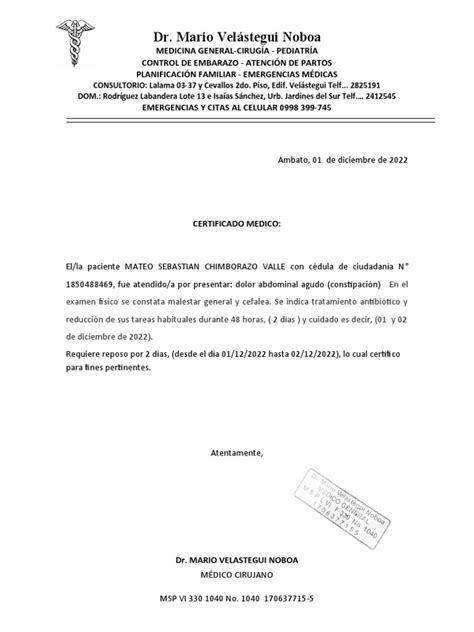 Certificado Médico Dr Mario Velástegui Pdf
