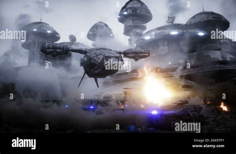 Futuristic Sci Fi Ship Take Wing Military Robot Apocalypse City