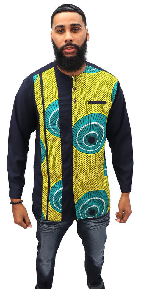 Long Sleeved Polo Style Shirt W African Print 005 Afrocentric Network