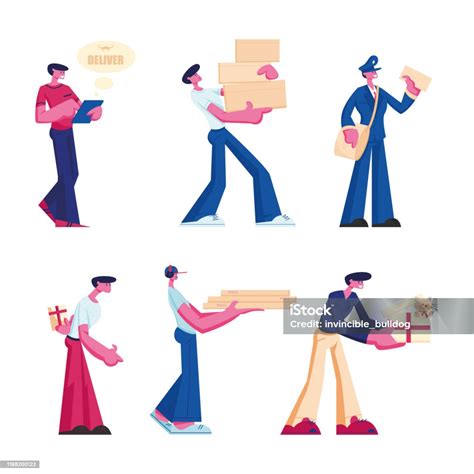 배달 및 우체국 서비스 세트 흰색 배경에 고립 된 고객에게 소포 선물 상자 및 피자 주문을 배달하는 남성 캐릭터 우편배달부 배달원 일자리 만화 플랫 벡터 일러스트 발에 대한