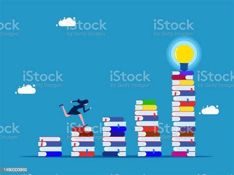 지식과 업무 경험을 쌓으십시오 전구를 들고 계단에 책 더미를 달리는 여자 개발에 대한 스톡 벡터 아트 및 기타 이미지 개발 교육 기술 Istock