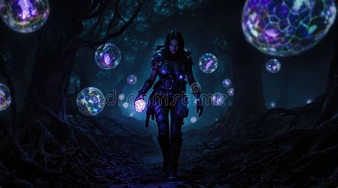 Character Exploring A Mystical Forest Illuminated By Glowing Orbs
