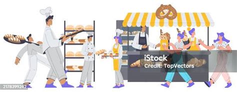 빵집 와 사람들 제빵사 캐릭터 에서 제복 굽기 와 판매 빵 와 생과자 벡터 일러스트 곡초류에 대한 스톡 벡터 아트 및 기타 이미지 Istock