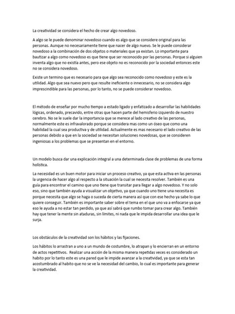 La Creatividad Se Considera El Hecho De Crear Algo Novedoso Pdf