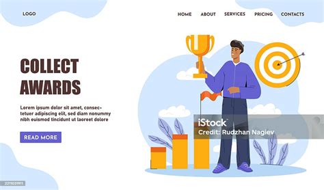 비즈니스 어워드 랜딩 페이지를 수집합니다 그래프와 차트 근처에 트로피를 가진 남자 동기 부여와 야망 성취와 성공 웹 사이트의 포스터 또는 배너 플랫 벡터 일러스트 레이 션