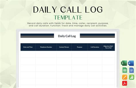 Daily Call Log Template In Word Apple Pages Apple Numbers Pdf Google Docs Excel Google
