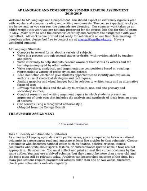 AP Language AND Composition Summer Reading Assignment AP LANGUAGE AND COMPOSITION SUMMER