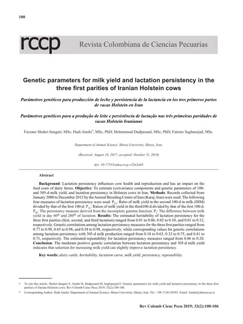 Pdf Genetic Parameters For Milk Yield And Lactation Persistency In The Three First Parities Of