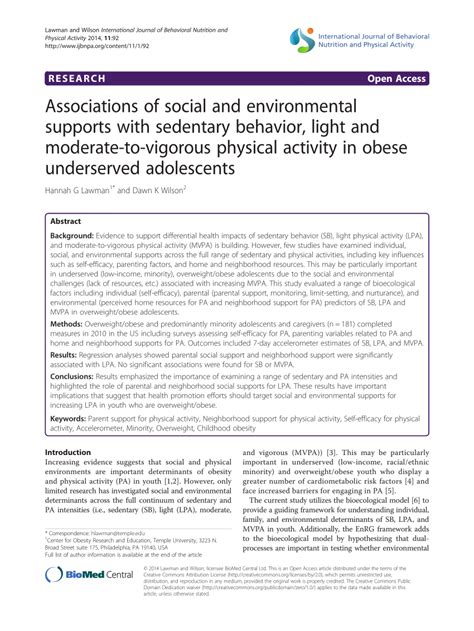 Pdf Associations Of Social And Environmental Supports With Sedentary Behavior Light And