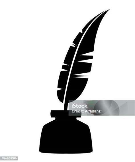검은 실루엣 퀼과 잉크병 색상 아이콘입니다 글을 검은 깃털 펜 기호 그림입니다 벡터 일러스트 레이 션 흰색 배경에 고립 검은색에 대한 스톡 벡터 아트 및 기타 이미지