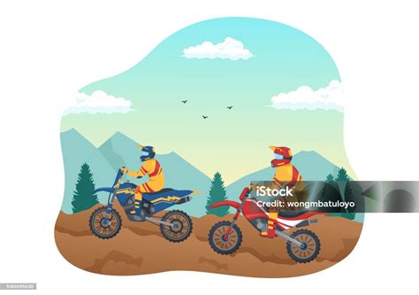 진흙 바위가 많은 도로 익스트림 스포츠 플랫 만화 손으로 그린 템플릿에서 자전거를 타는 라이더와 함께 하는 모토크로스 그림
