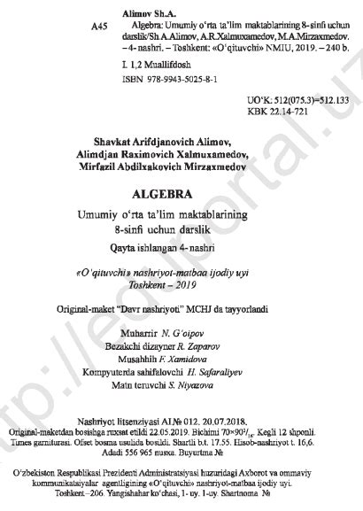 8 Chi Sinf Algebra Darsligi