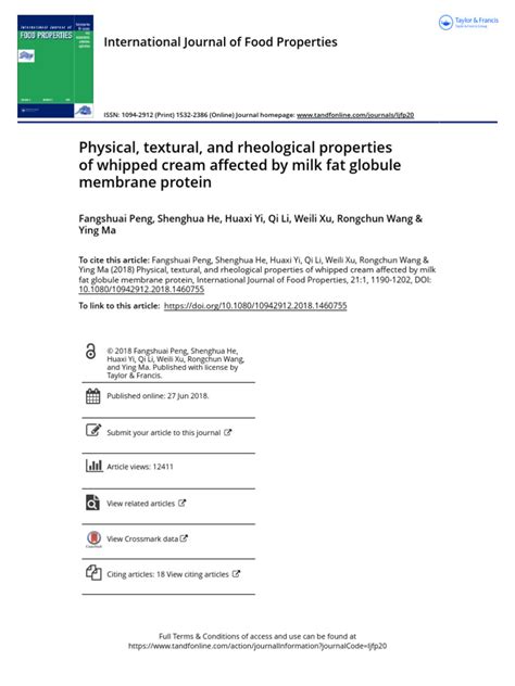 Physical Textural And Rheological Properties Of Whipped Cream Affected By Milk Fat Globule