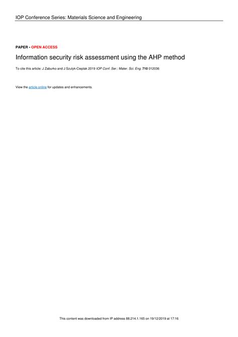 Pdf Information Security Risk Assessment Using The Ahp Method