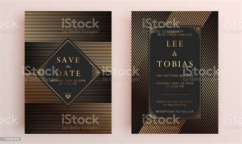 웨딩 카드 템플릿의 아름다운 세트 기하학적 다면체 결혼식 초대장 고급 템플릿 장식 패턴에 대한 아르 데코 스타일의 골드 컬렉션입니다 결혼 반지에 대한 스톡 벡터 아트 및