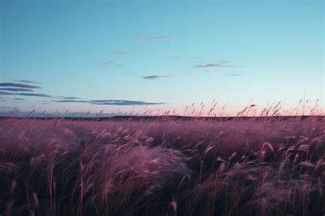 Faint Blue Sunset Illuminating A Field Of Windblown Grass Premium Ai
