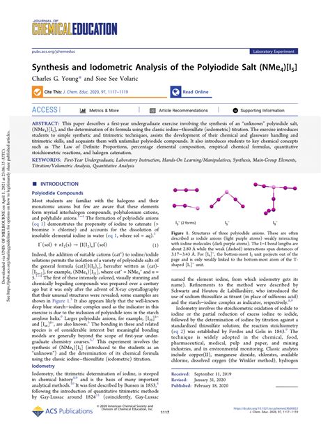 Pdf Synthesis And Iodometric Analysis Of The Polyiodide Salt Nme 4 I 5
