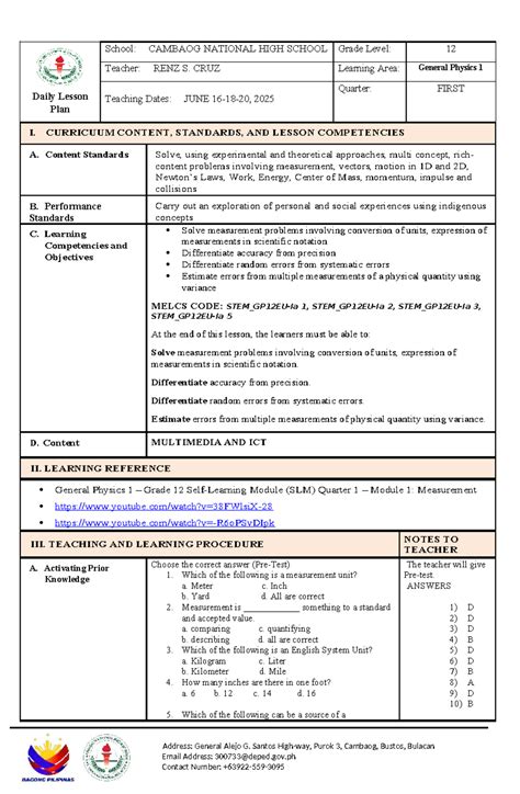 Gen Physics 1 Daily Lesson Plan Measurement And Scientific Notation