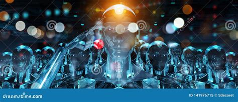 Group Of Male Robots Following Leader Cyborg Army 3d Rendering Stock