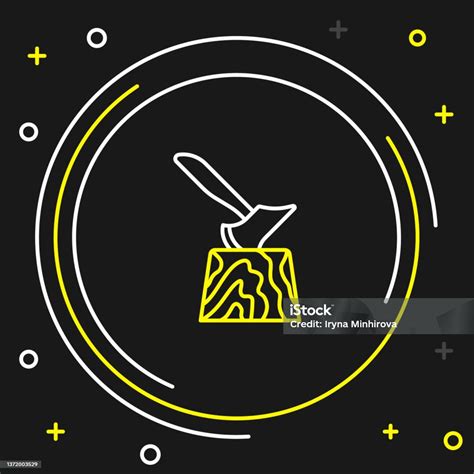 검은 색 배경에 격리 된 그루터기 아이콘에 라인 나무 도끼 목재 잭 도끼 도끼는 나무에 갇혀 나무를 자르는 것 다채로운 개요 개념 벡터 강철에 대한 스톡 벡터 아트 및 기타