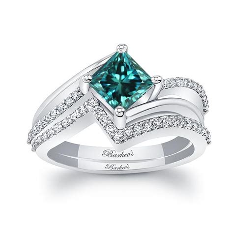 Princess Cut Blue And White Diamond Engagement Ring Set Barkevs