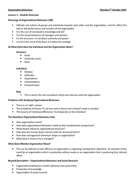 Organisational Behaviour Lecture 1 Notes Organisation Behaviour