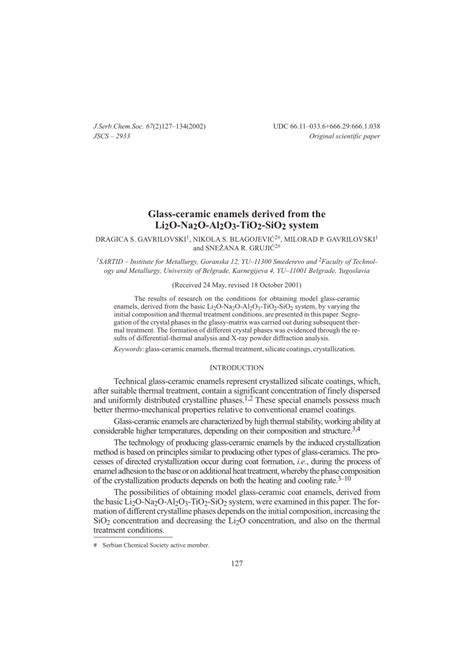 Pdf Glass Ceramic Enamels Derived From The Li2o Na2o Al2o3 Tio2 Sio2
