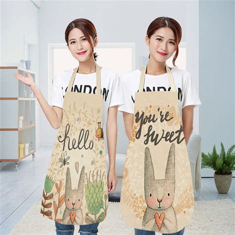 사랑스러운 만화 토끼 인쇄 주방 앞치마 코튼 라인 요리 레스토랑 카페 여성을위한 도구를 청소 어린이 민소매 앞치마앞치마