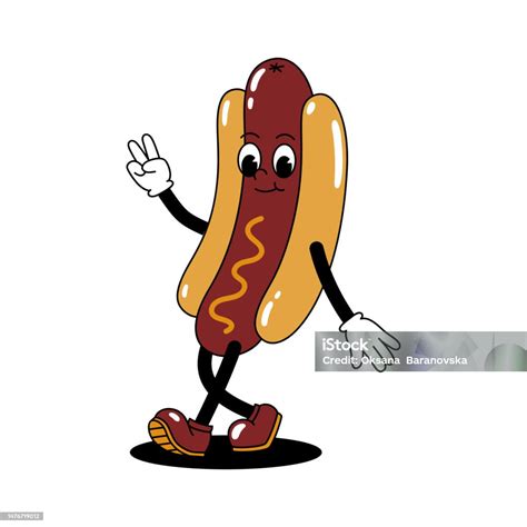 벡터 만화 복고풍 마스코트 컬러 그림으로 걸어 다니는 핫도그 빈티지 스타일의 30 년대 40 년대 50 년대 오래된 애니메이션 클립 아트는 흰색 배경에 격리되어 있습니다