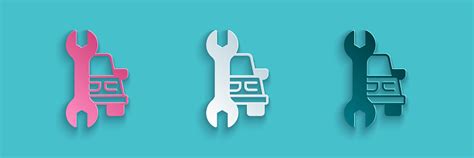 종이 컷 자동차 서비스 아이콘은 파란색 배경에 격리되어 있습니다 자동차 정비사 서비스 수리 서비스 자동차 정비사 유지 보수 표시 종이 아트 스타일 벡터 3차원 형태에 대한