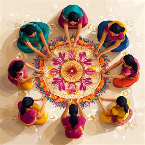 Top View Indian Women Create Rangoli Pattern During A Hindu Festival