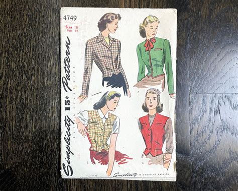 1940s 40s Vintage Simplicity 4749 Jacket Vest Unprinted Pattern Bust 34