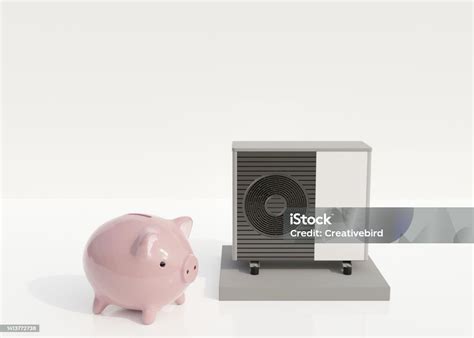 흰색 배경에 공기 열 펌프와 돼지 저금통 현대적이고 환경 친화적 인 난방 공기 소스 히트 펌프로 비용을 절약하십시오 무료 텍스트