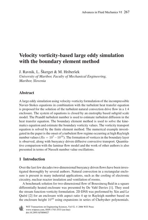Pdf Velocity Vorticity Based Large Eddy Simulation With The Boundary Element Method