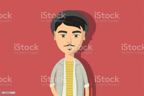 Hipster 만화 캐릭터입니다 모자와 작은 콧수염 남자입니다 평면 벡터 일러스트입니다 귀여운에 대한 스톡 벡터 아트 및 기타