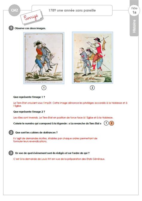 Cm2 Histoire La Révolution De 1789 Exercices Corrigés