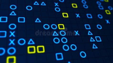 Blue And Yellow Glowing Shapes Matrix On A Grid Bokeh Effect Horizontal Composition Stock