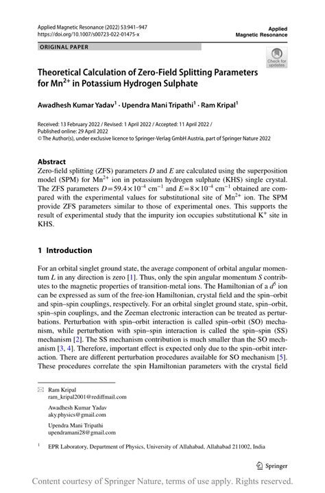 theoretical calculation of zero field splitting parameters for mn in