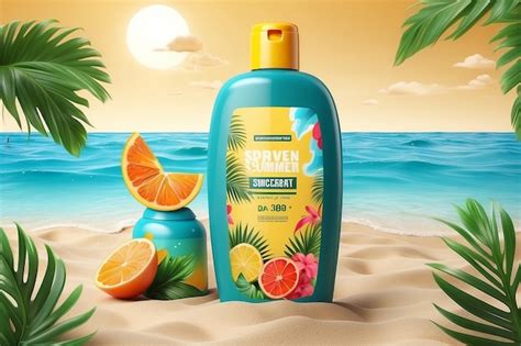 Sunscreen Ad Template With Palm Leaves And Summer Beach Scene Design 3d