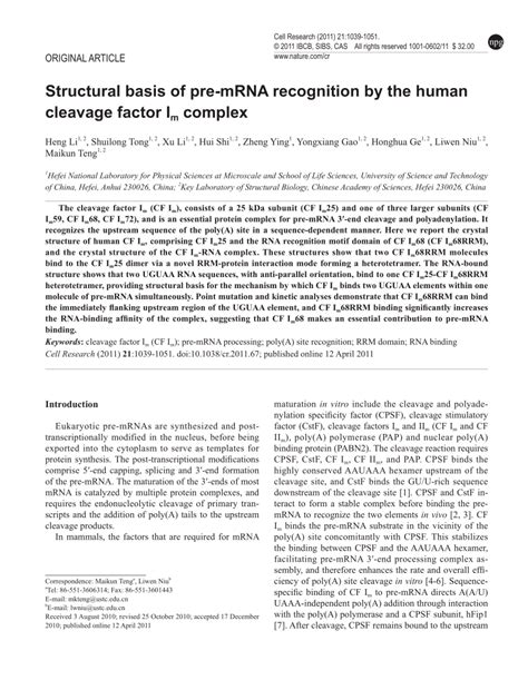 Pdf Structural Basis Of Pre Mrna Recognition By The Human Cleavage