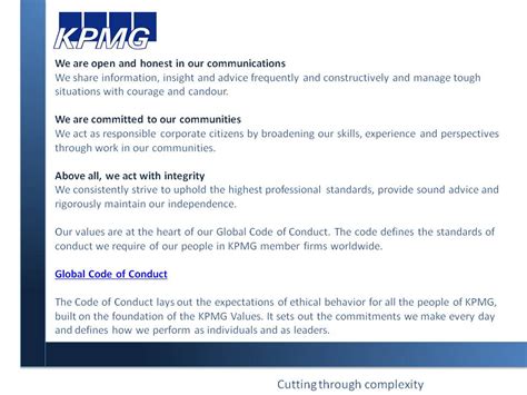 Apacs Level 14 On Twitter Some Of Kpmgs Values And Its Global Code