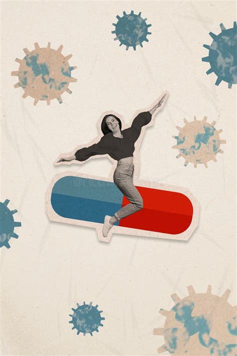 Vertical Creative Collage Of Funny Female Riding Flying Pill Healthcare