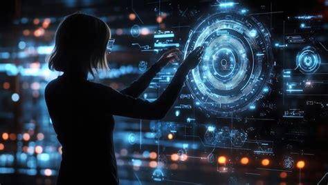 Woman Interacting With Futuristic Interface Premium Ai Generated Image