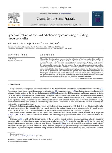 Pdf Synchronization Of The Unified Chaotic Systems Using A Sliding