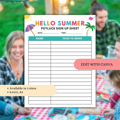 Summer Potluck Sign Up Sheet Printable Menu Sign Up Form Potluck Sign