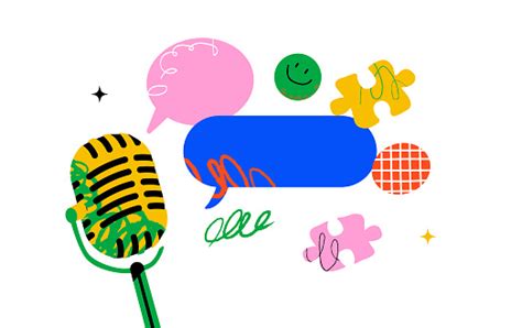 마이크 말풍선 웃는 얼굴 퍼즐 조각이 있는 기발하고 생생한 삽화 발표 긍정적 인 검토 및 생각 표현의 개념 마이크에 대한 스톡 벡터 아트 및 기타 이미지 Istock