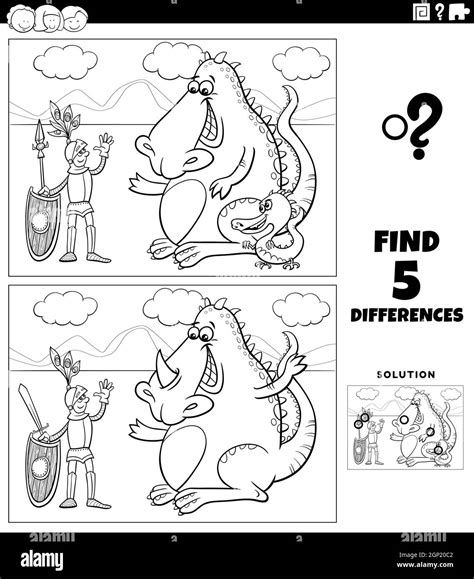 Differences Educational Game With Knight And Dragon Coloring Book Page