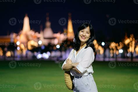 Portrait Young Beautiful Asian Woman Smiling While Travel At Temple Of