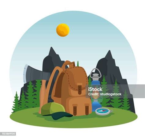 山與松樹風景和背包向量圖形及更多pinaceae圖片 Pinaceae 享受 冒險 Istock