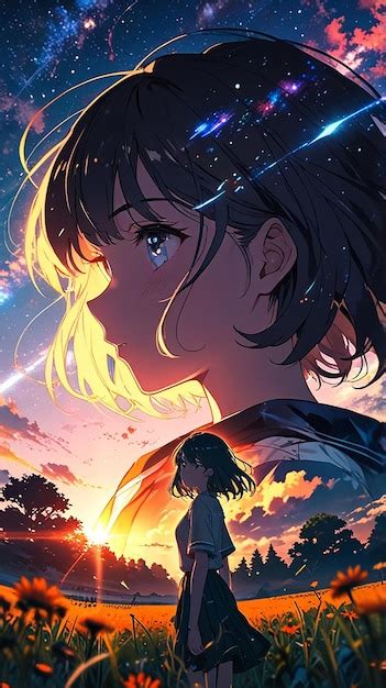 An Anime Girl Standing In A Field Of Flowers Looking Up At The Sky